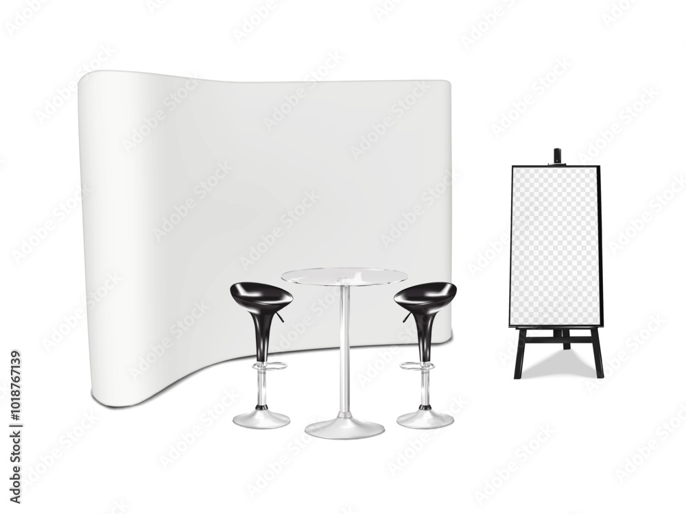 Exhibition set template. Blank white trade show backdrop display, round ...