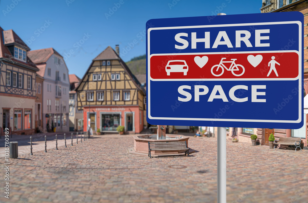 Shared space sign with a blurred small town marketsquare in background ...