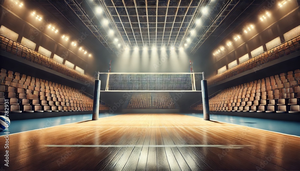 professional indoor volleyball court with a polished wooden floor, a ...