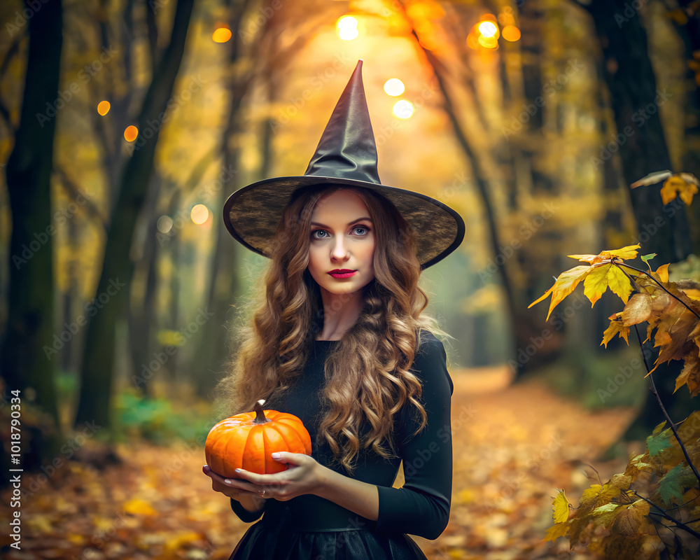 Halloween Witch girl with magic Book of spells portrait. Beautiful ...