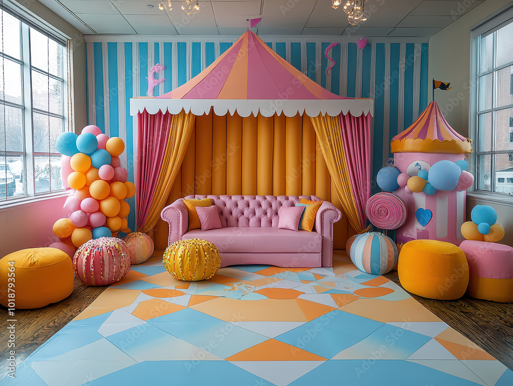 Fun Carnival party photo booth setup pictures featuring colorful ...