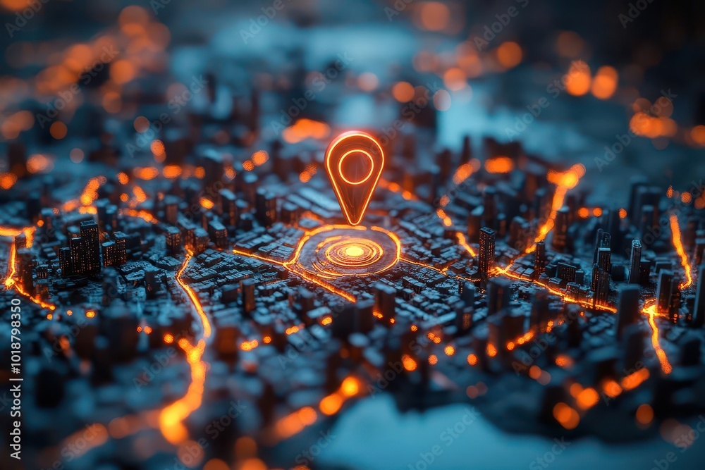 miniature city model with oversized geolocation pin holographic ...