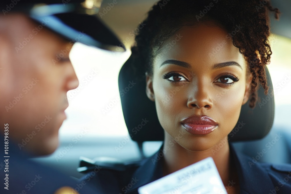 A woman sits in a car while a police officer stands behind her, likely ...