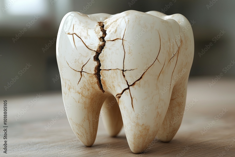 3D model of a single tooth with cracks and damage on a white background ...