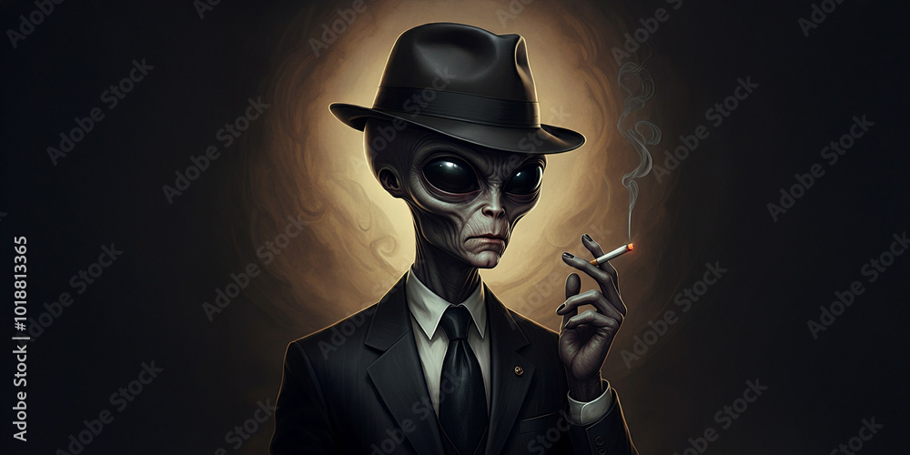 Alien in a Black Suit and Tie, Fedora Hat, Smoking a Cigarette ...