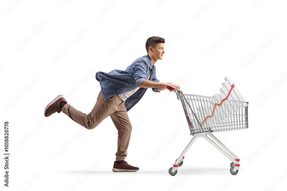 Guy running with a shopping cart with a bar chart inside Stock Photo ...