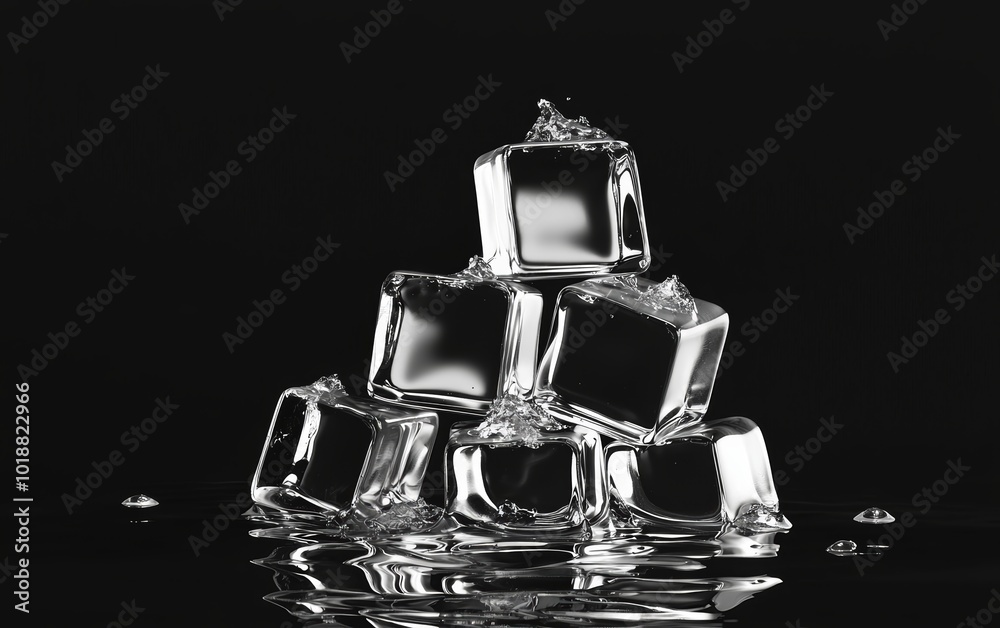 Melting ice cubes stacked in a pyramid, droplets of water visible, shiny and reflective surface ...