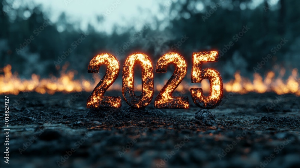 2025 formed from glowing embers, with faint smoke rising and flickering ...