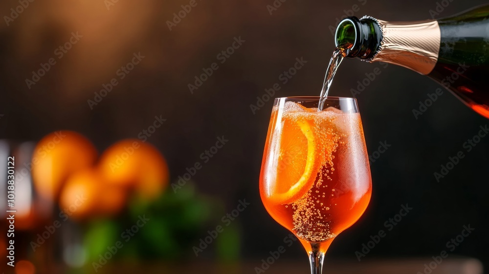 Bartender pouring prosecco into Aperol spritz cocktail glass, vibrant ...