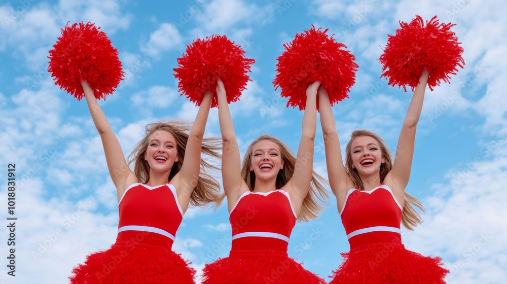 Cheerleaders in mid-air jump, pom-poms flying, stadium backdrop ...