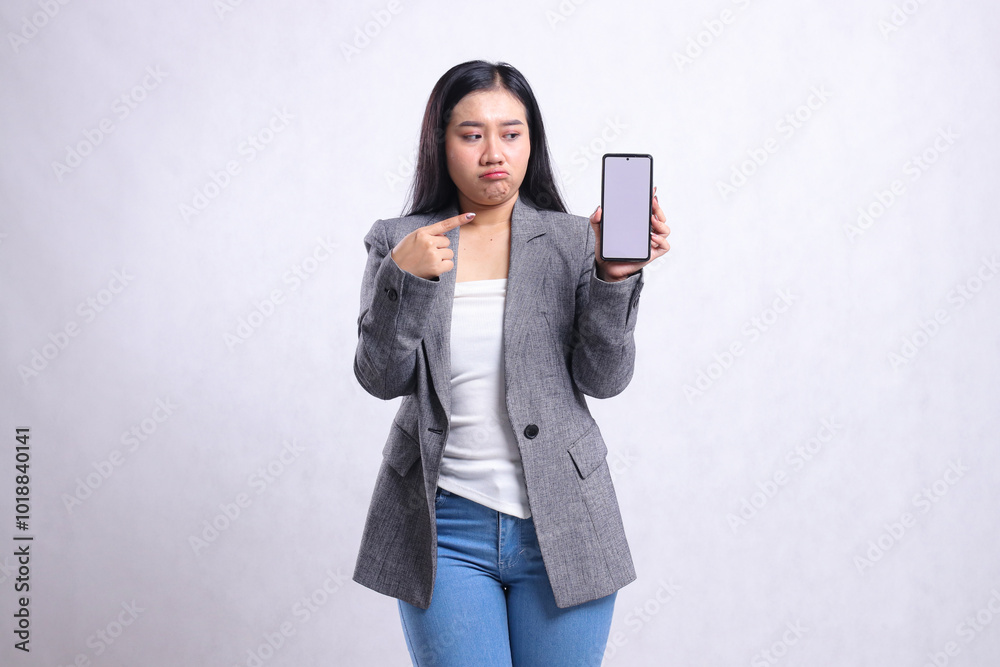 gesture adult beautiful office lady asia pouting to mobile phone ...
