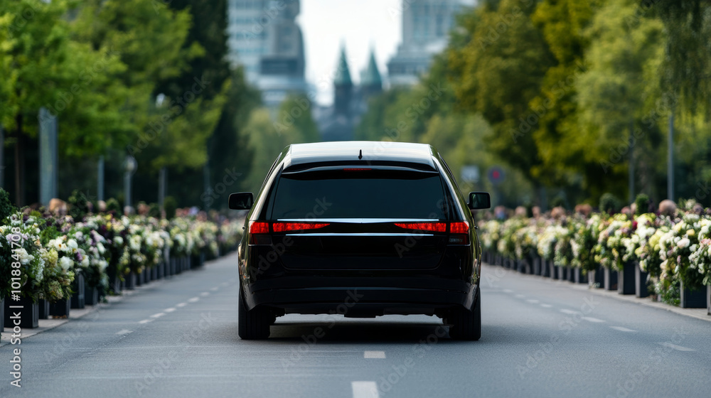Funeral hearse driving through city streets lined with mourners and ...