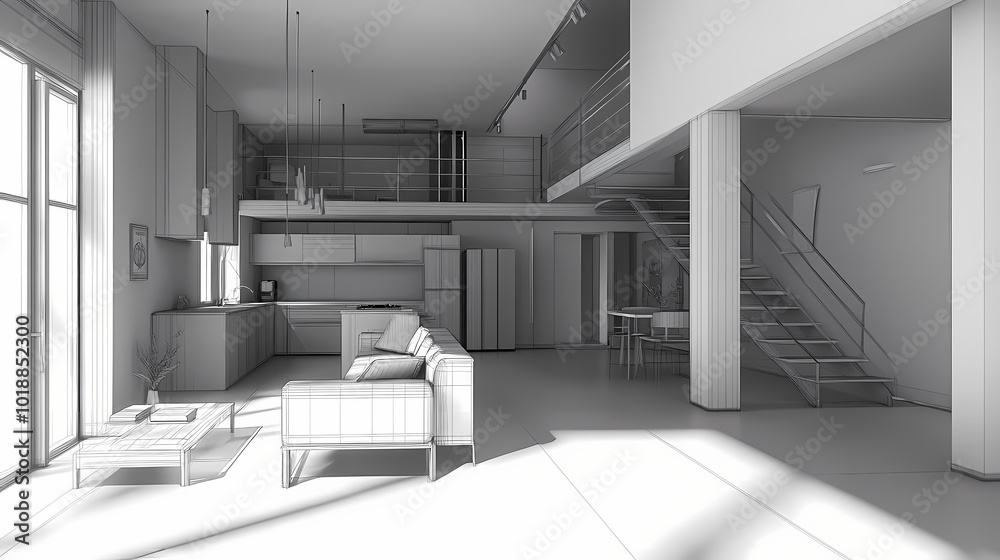 3d rendering. interior house modern open living space with kitchen.loft ...