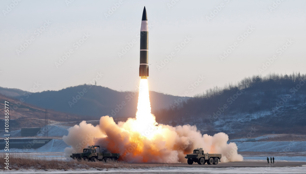 Test launch of ballistic missile in remote location base, some military ...