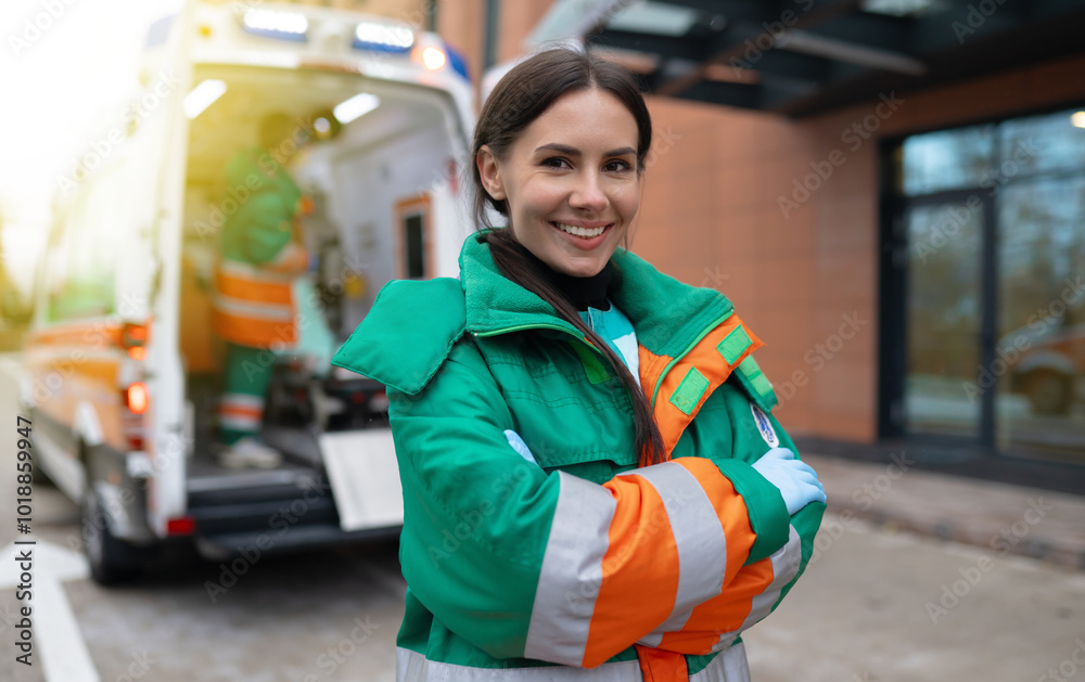Smiling female paramedic in green and orange uniform stands confidently ...