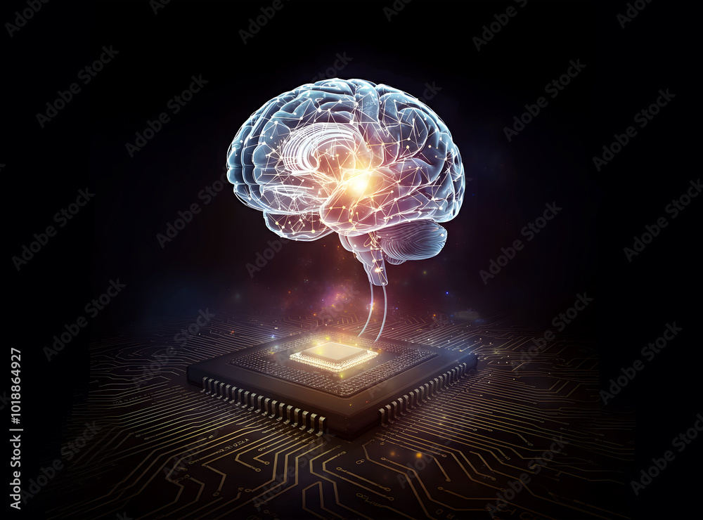Human brain connected to electronic chip processor, digital circuit ...