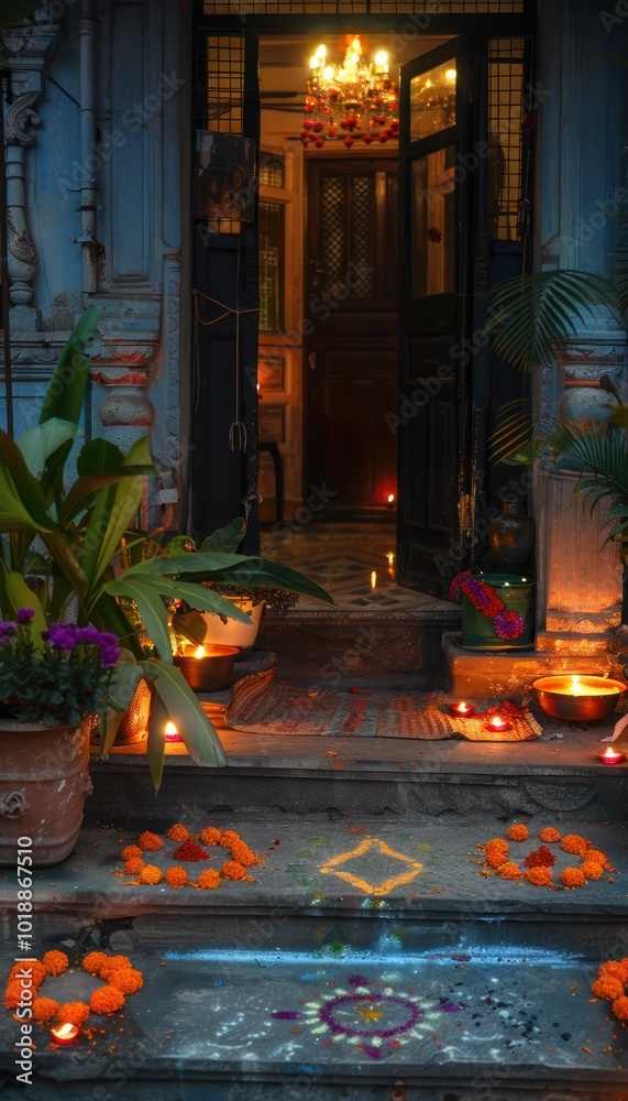 Tihar Celebration: Nepali Home with Marigolds, Diyas, and Rangoli for ...