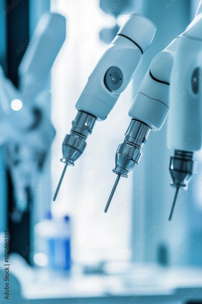 Robotic surgical instruments displayed in a modern medical facility ...