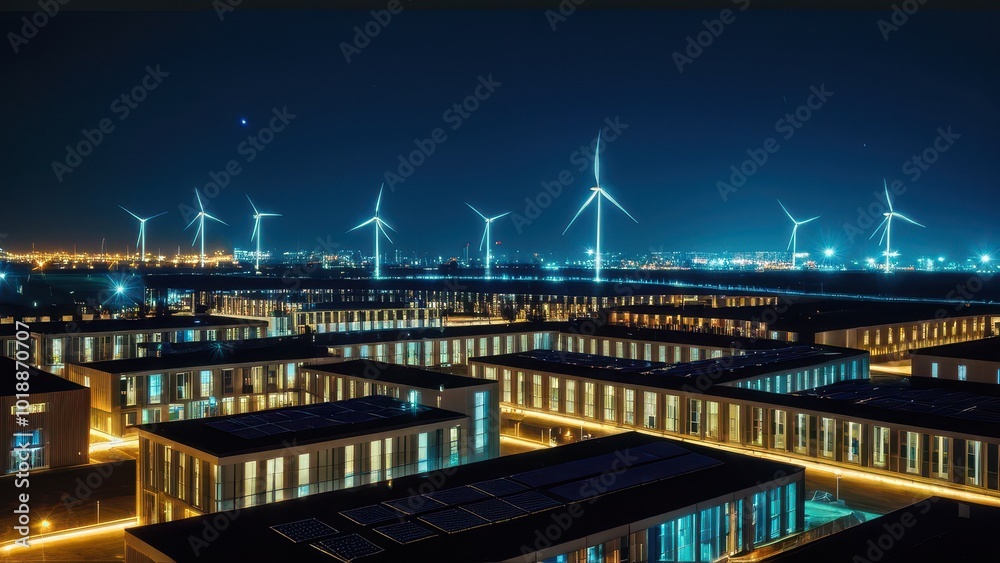 Modern smart city at night powered by solar panels and wind turbines ...