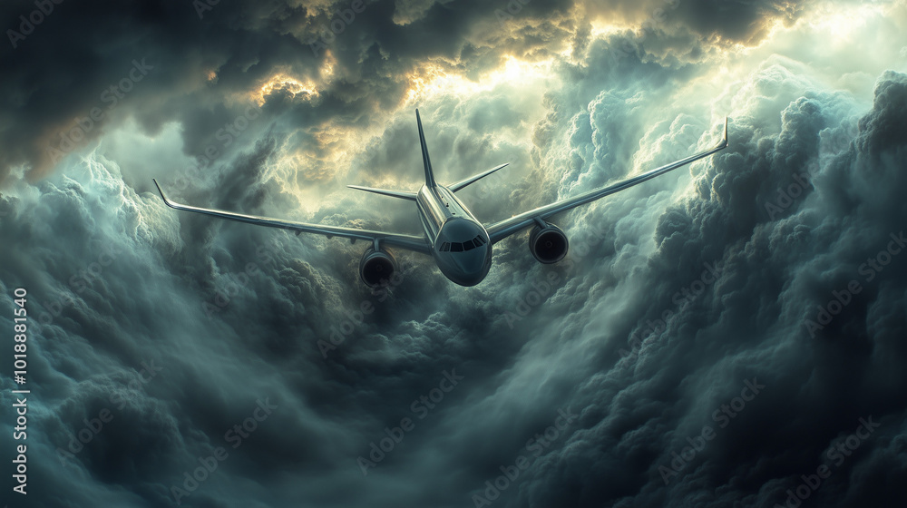 Airplane flying through dark storm clouds, intense atmosphere ...
