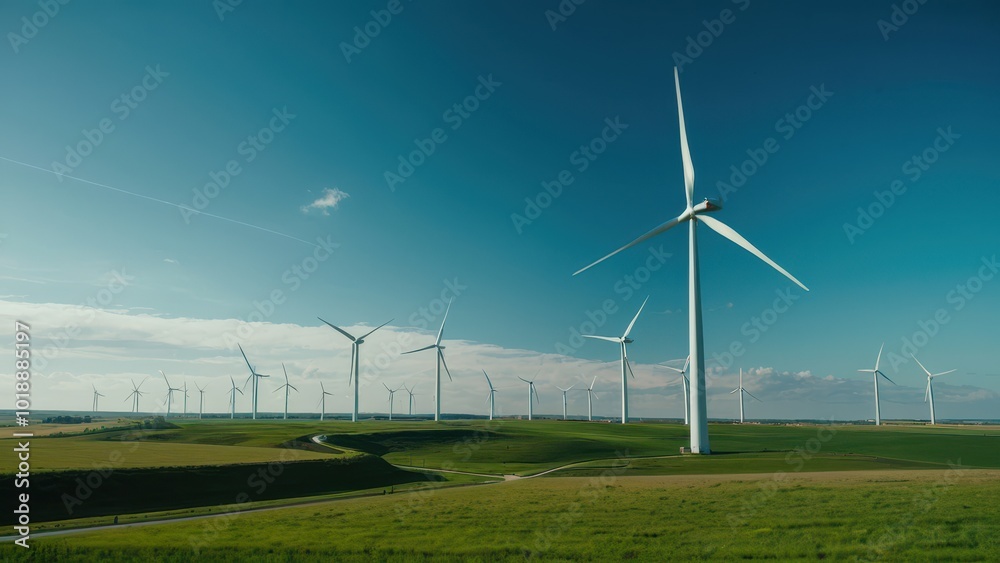 Expansive wind energy farm with rows of towering wind turbines ...