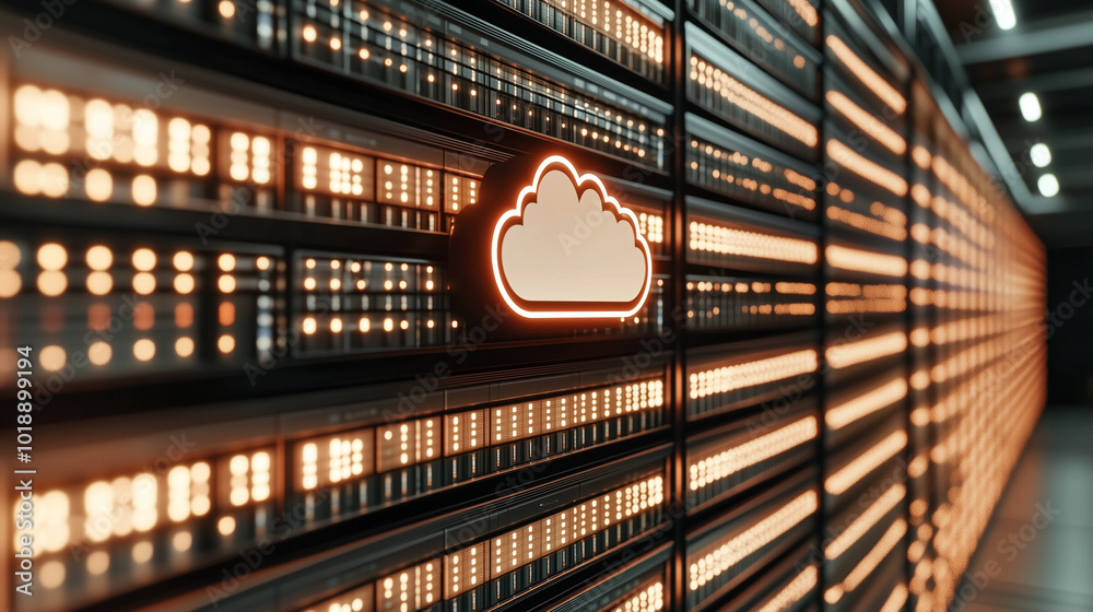 3D render of a glowing cloud icon on a row with modern server equipment ...