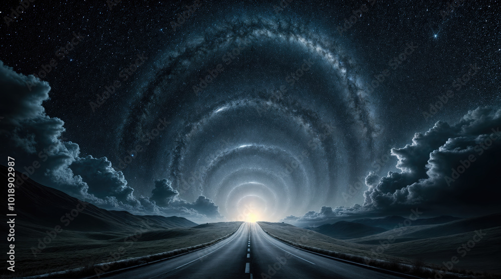Surreal cosmic highway, empty road leading to bright horizon under ...