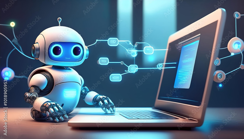 Artificial intelligence chat bot mini 3D robot connected to computer ...