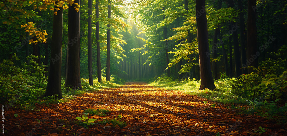 Sunlit forest path with vibrant foliage and fallen leaves. Stock ...