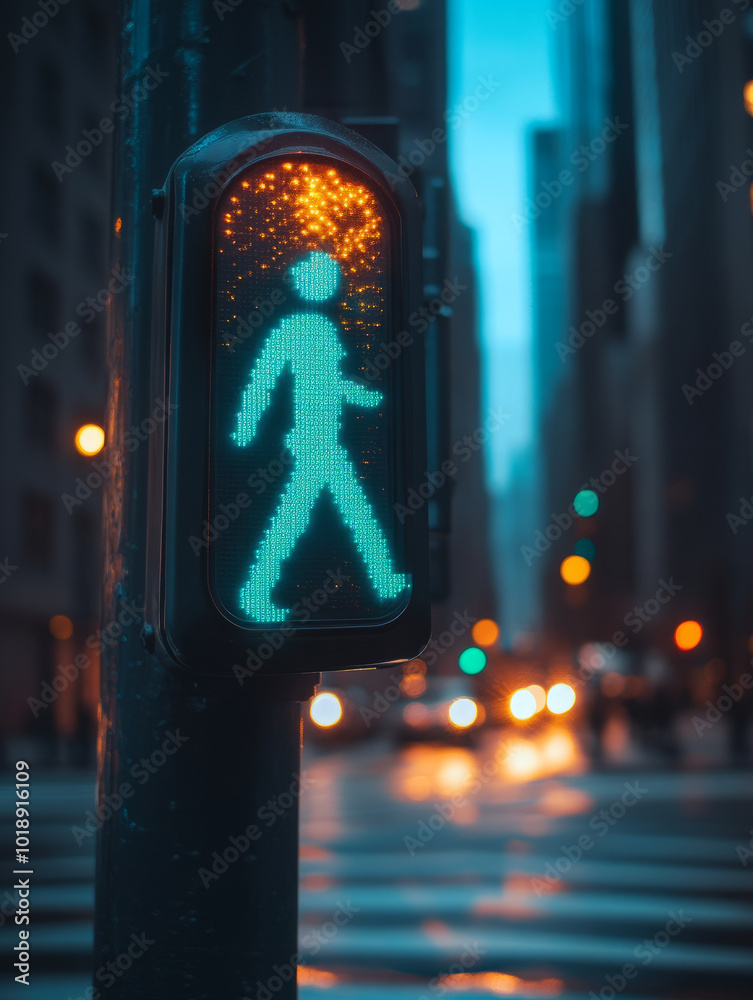 Pedestrian traffic light glowing on a city street at night. Stock Photo ...