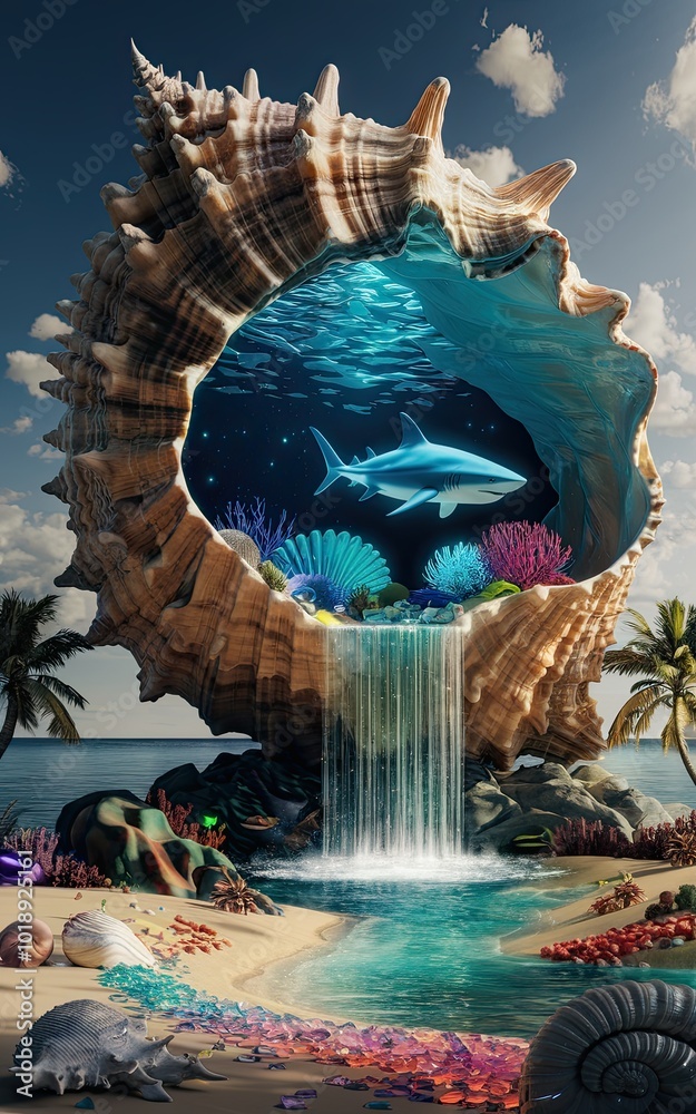Colossal Ancient Seashell with Bioluminescent Shark, Shimmering ...
