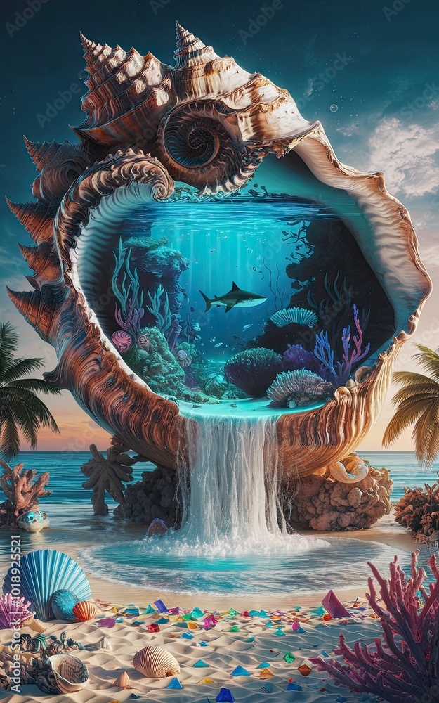 Colossal Ancient Seashell with Bioluminescent Shark, Shimmering ...