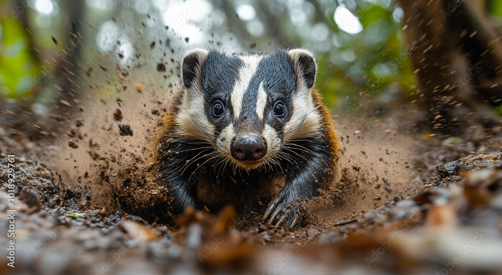 Badger running through the forest after rainfall. A badger dashes ...