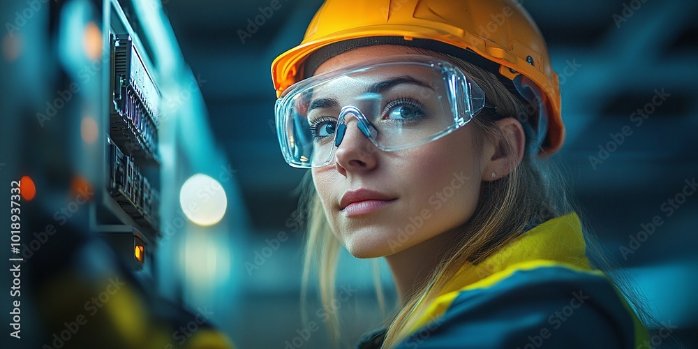 professional female electrician handling a fuse box installation with ...