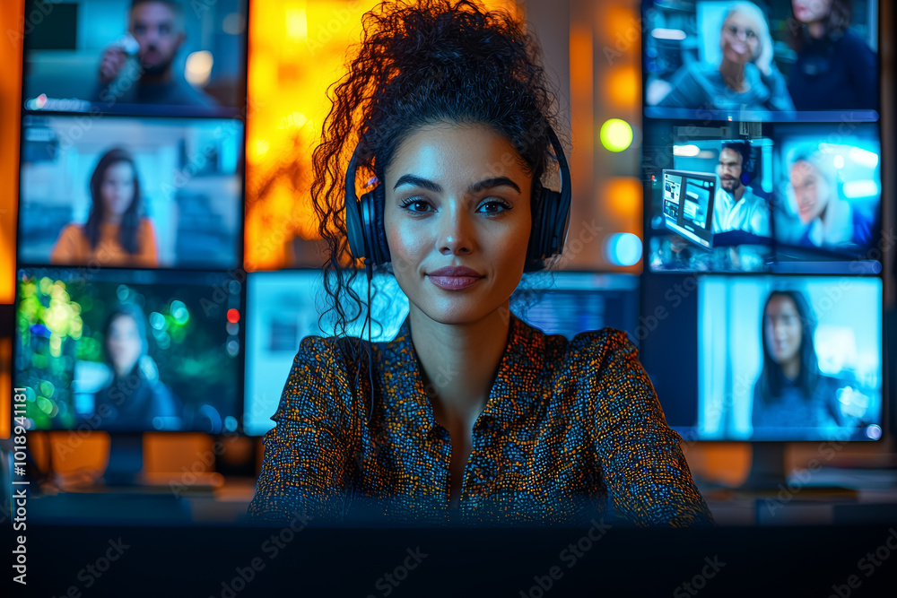 A multicultural team having a meeting over video conference, with ...