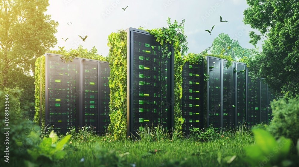 data center with eco-friendly servers and green power solutions, highlighting sustainability in ...