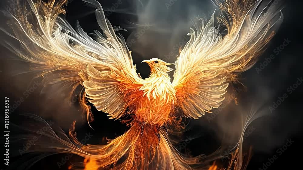 A vibrant fire phoenix emerges with stunning wings of flames ...