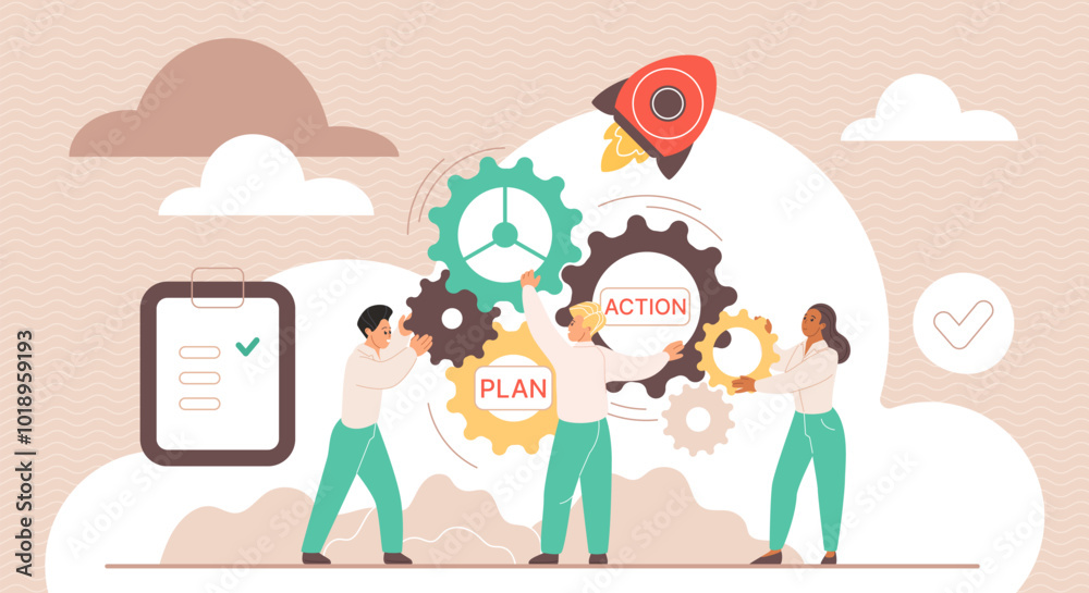 Action plan for business project implementation by team of employees, teamwork achievement. Tiny ...