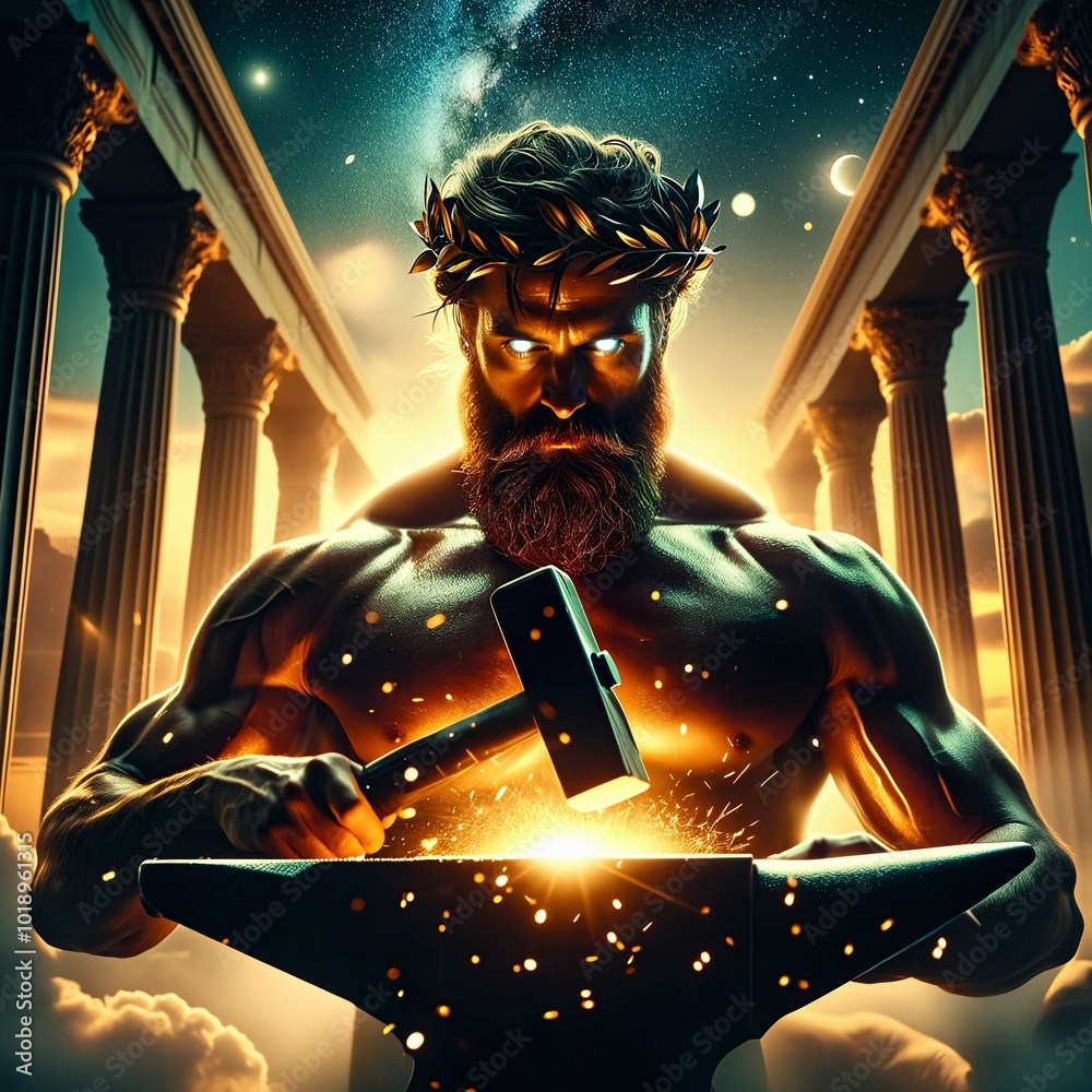 Hephaestus the god with his hammer and anvil. He was cast off Mount ...