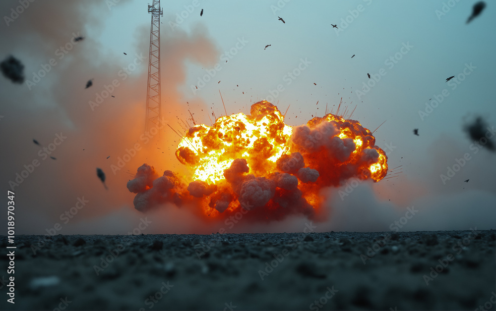 Bomb explosion, smoke, fire and fragments fly in different directions ...