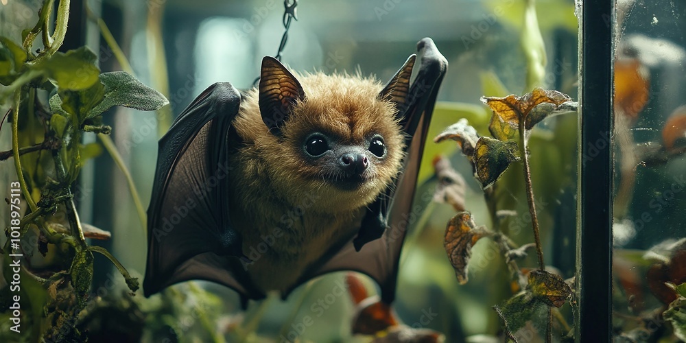 bat hanging from a branch in a terrarium, part of a conservation and ...