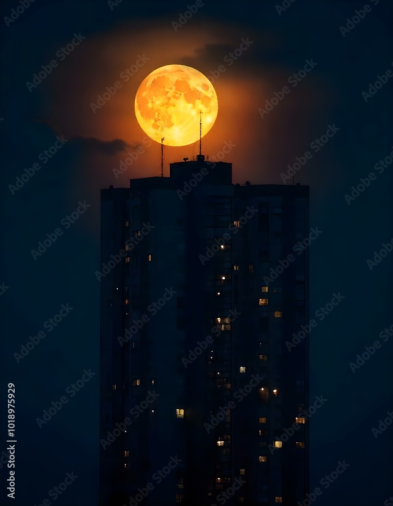 skyscraper silhouetted against a dark, starry sky with a full moon ...