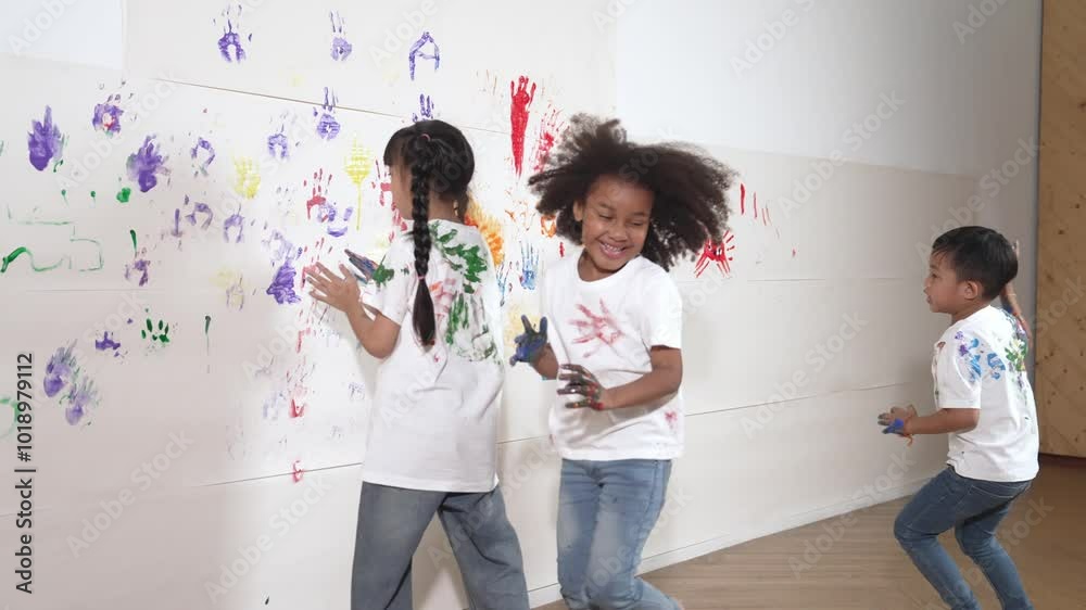 Playful children playing and running with colorful stained hand in ...