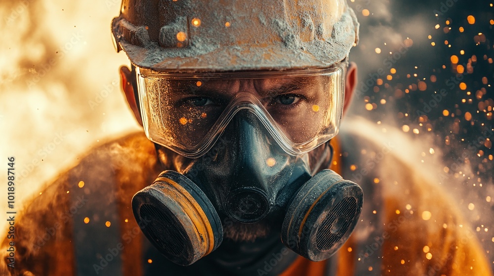construction site worker wearing a high-grade mask as glass wool dust ...