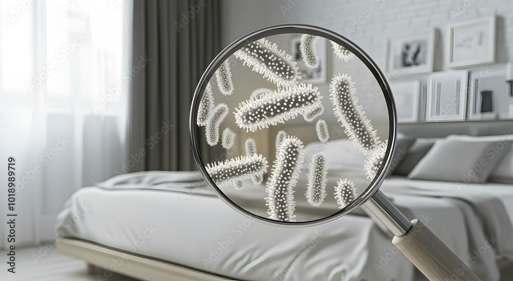 The magnifying glass shows bacteria on the bed. There's bacteria in the ...