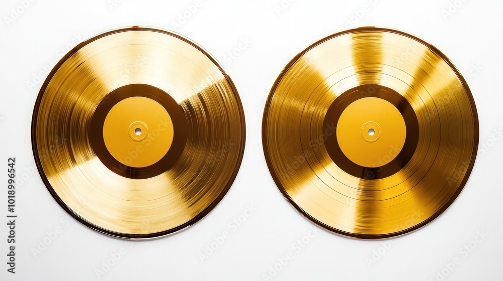 Shiny gold vinyl record, twice isolated against a stark white ...