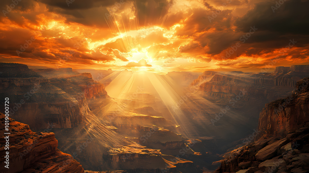 Dramatic sunrise animation over a rugged canyon landscape with intense ...