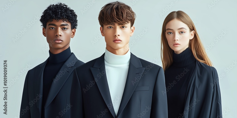 Three diverse models wearing sleek, minimalist black and white outfits ...
