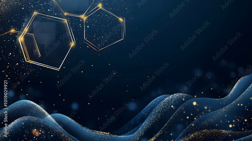 Dark blue background design with three hexagons in the upper left ...