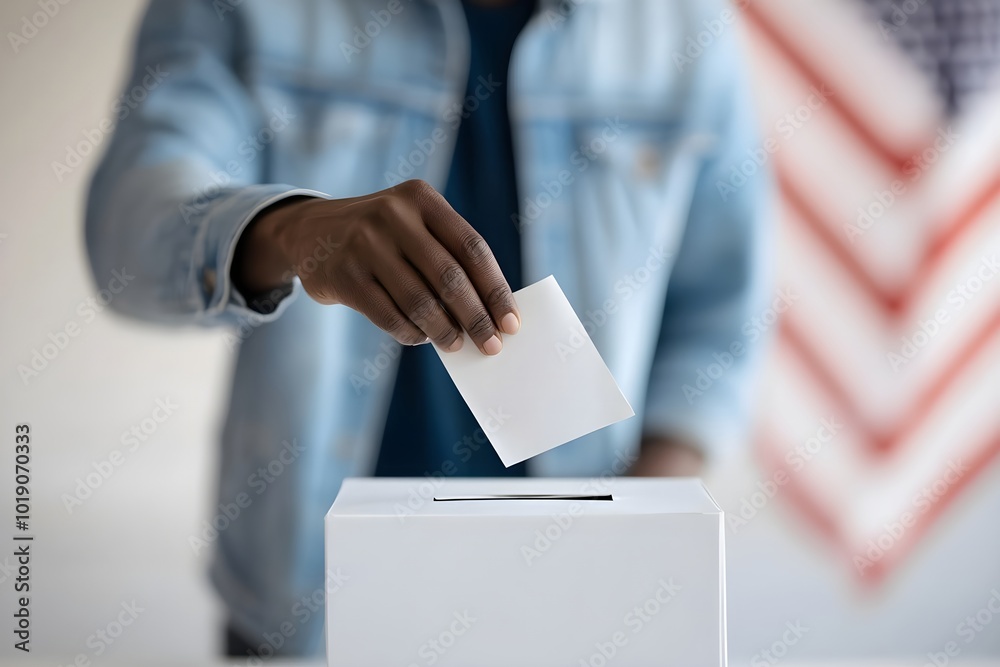 Man inserting vote ballot into white polling box. 2024 Presidential ...